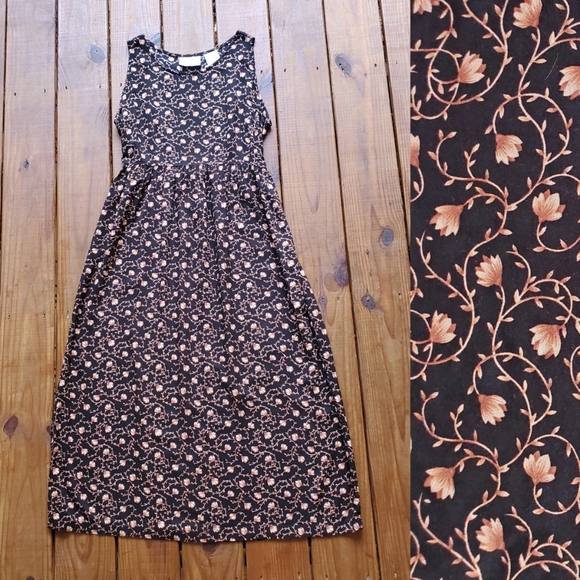 Erika Studio | Dresses | Vintage 9s L Black Floral Sleeveless Tie Back Soft Rayon Maxi Dress ...